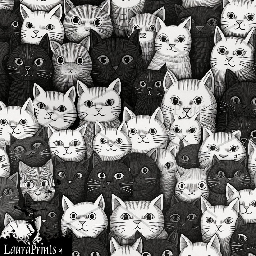 Clipart Cats, Seamless Pattern Digital Black and White Papers, Digital ...