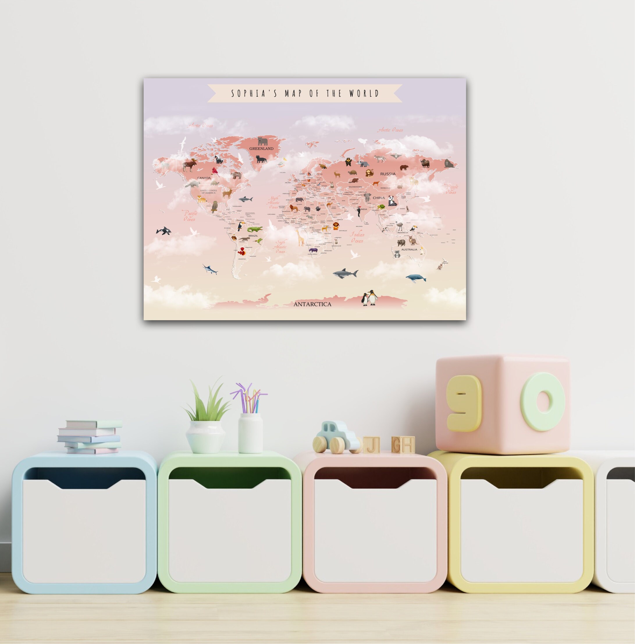 Personalized Baby Girl World Map, Nursery Wall Art, Kid Room Canvas ...