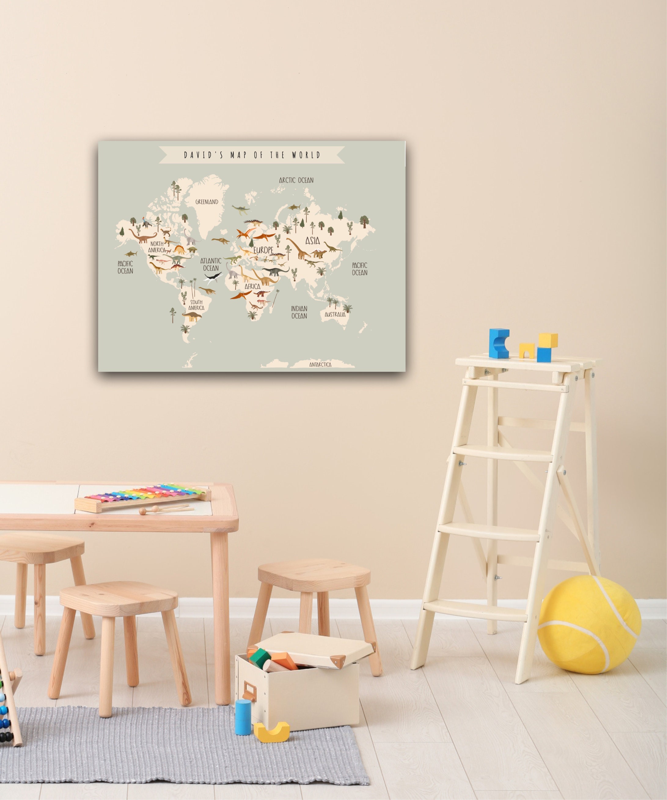 Custom Baby Boy Dinosaur World Map Canvas, Nursery Wall Art, Kid Room ...