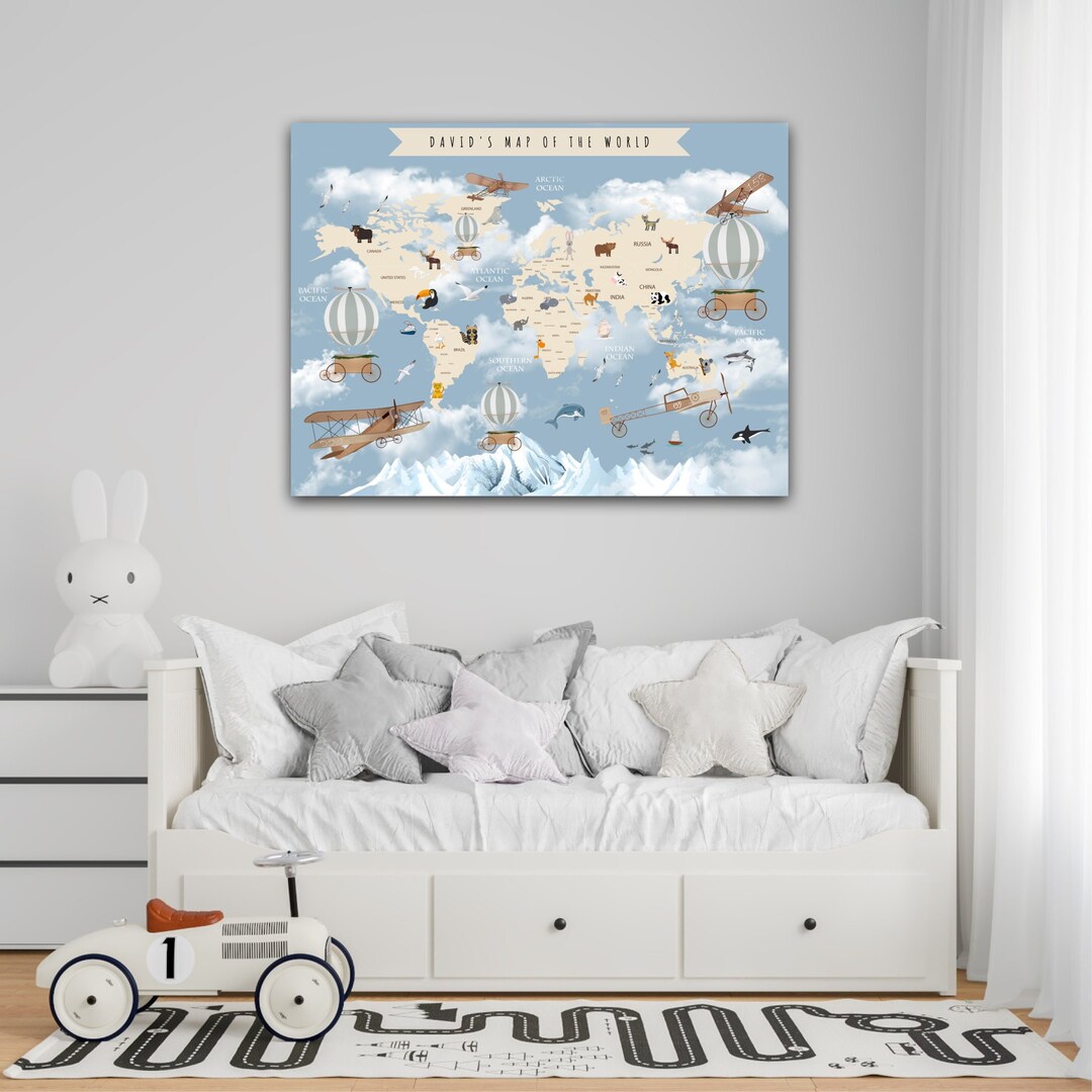 Personalized Baby Boy World Map, Nursery Wall Art, Kid Room Canvas ...