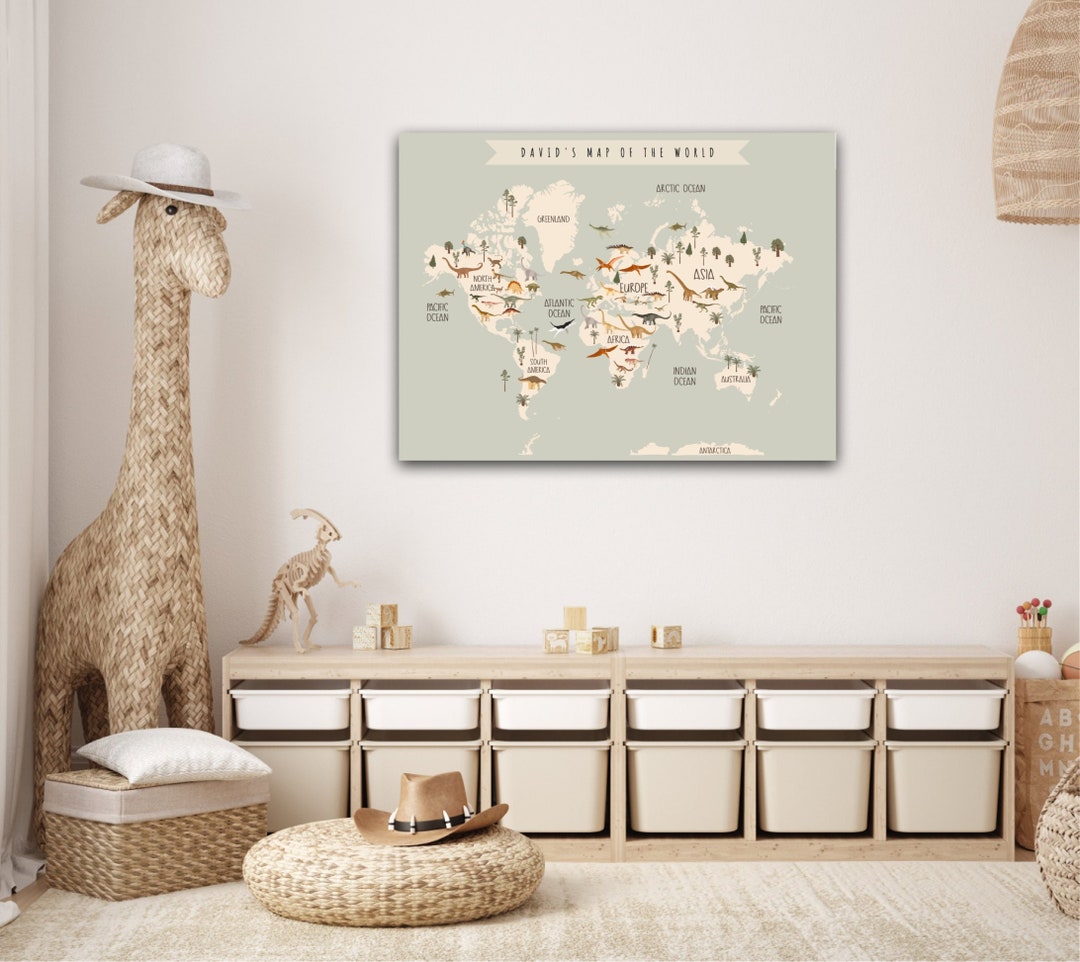 Custom Baby Boy Dinosaur World Map Canvas, Nursery Wall Art, Kid Room ...