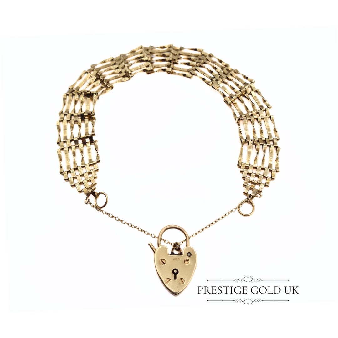 6 7/8" Gold Gate Bracelet - 9ct Vintage 1950's Wide 6 Bar Gate Bracelet ...