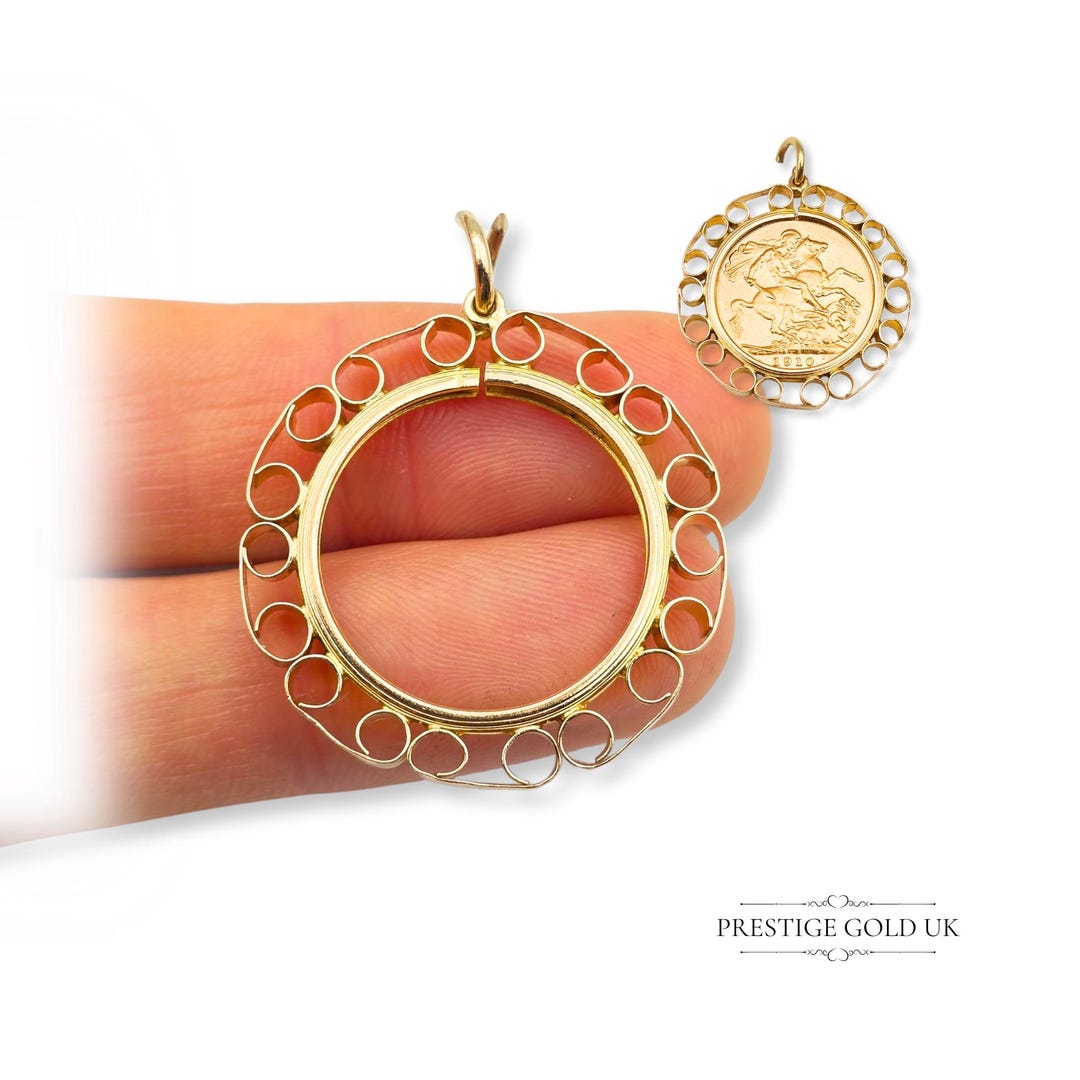 Large 9ct Gold Full Sovereign Coin Holder Pendant, Scroll Edge Frame ...