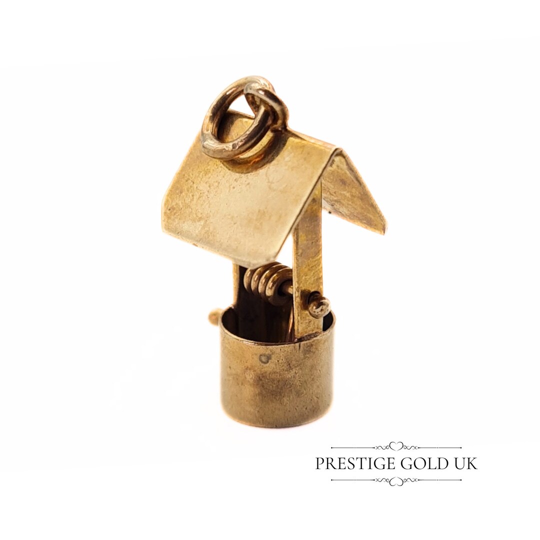 Vintage Wishing Well Charm 1970's 9ct Gold Moving Handle Well Charm Mid ...