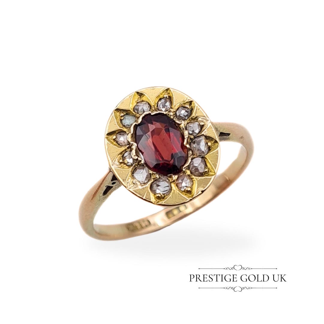 Antique 9ct Gold Garnet & Old Cut Diamond Ring, Oval Cluster Design UK ...