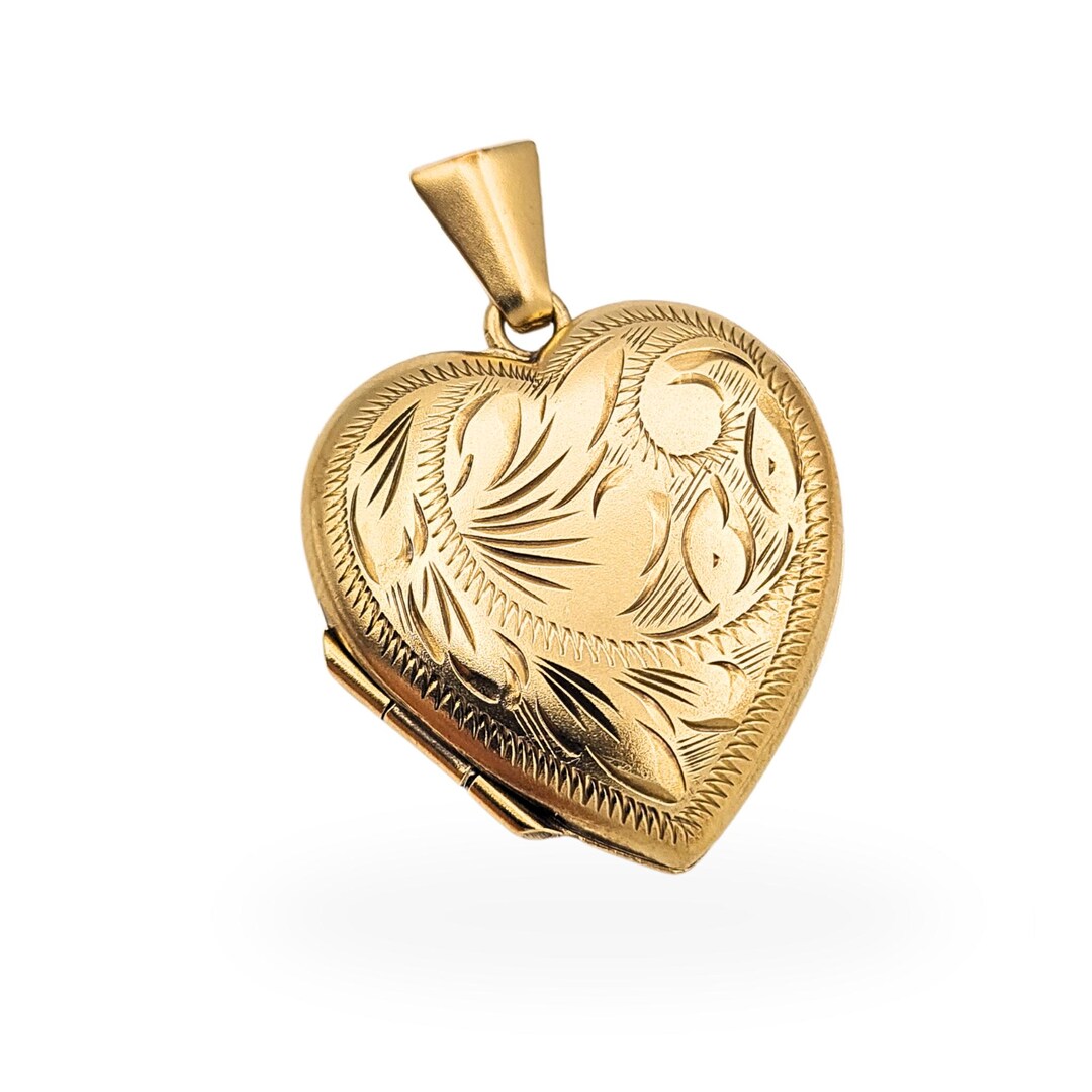 Large 9ct Gold Heart Photo Locket Pendant, 25mm Hand Engraved Large ...