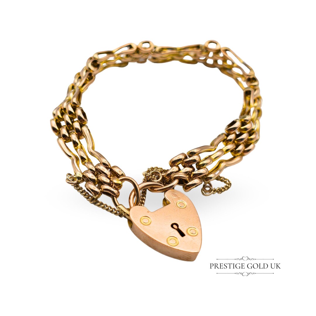 9ct Rose Gold Gate Bracelet - 3 Bar Fancy Link Gate Bracelet - Locking ...