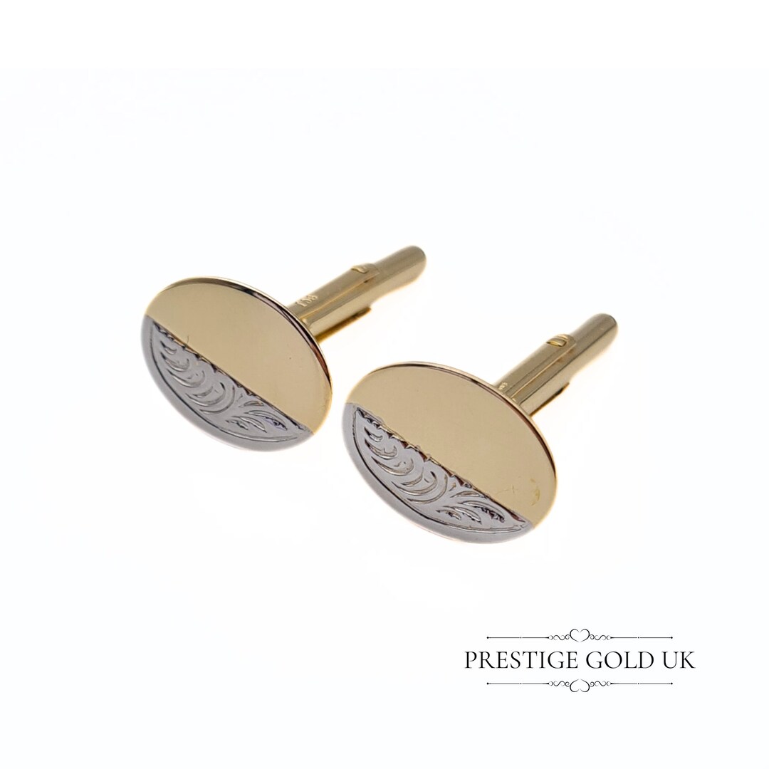 Vintage Oval Solid Gold Cufflinks - Engraved Gold Cufflinks - Oval Shape Quality Gent's Cuff ...