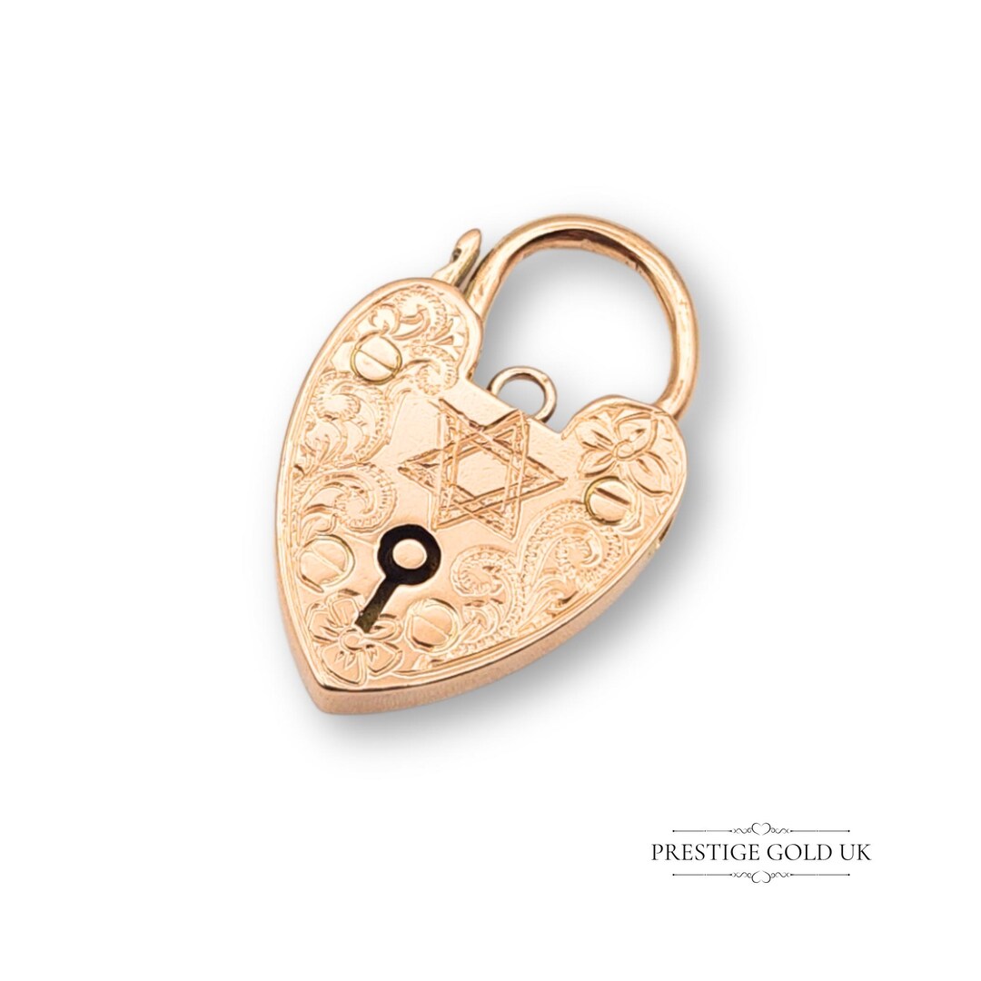 Large 9ct Rose Gold Star of David Hand Engraved Heart Padlock, Antique ...