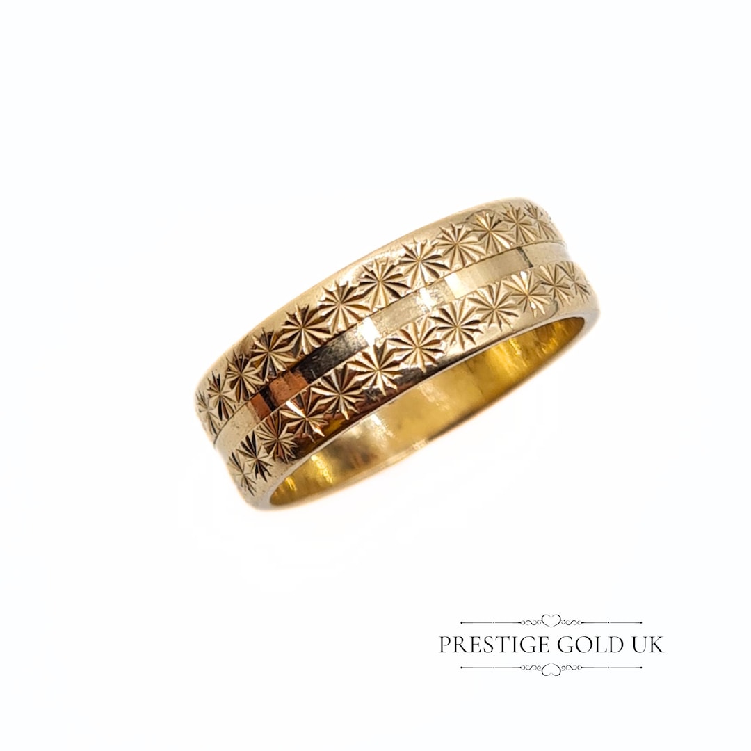 Vintage Gold Patterned Ring 9ct 1970's Star Engraved Gold Band Vintage ...