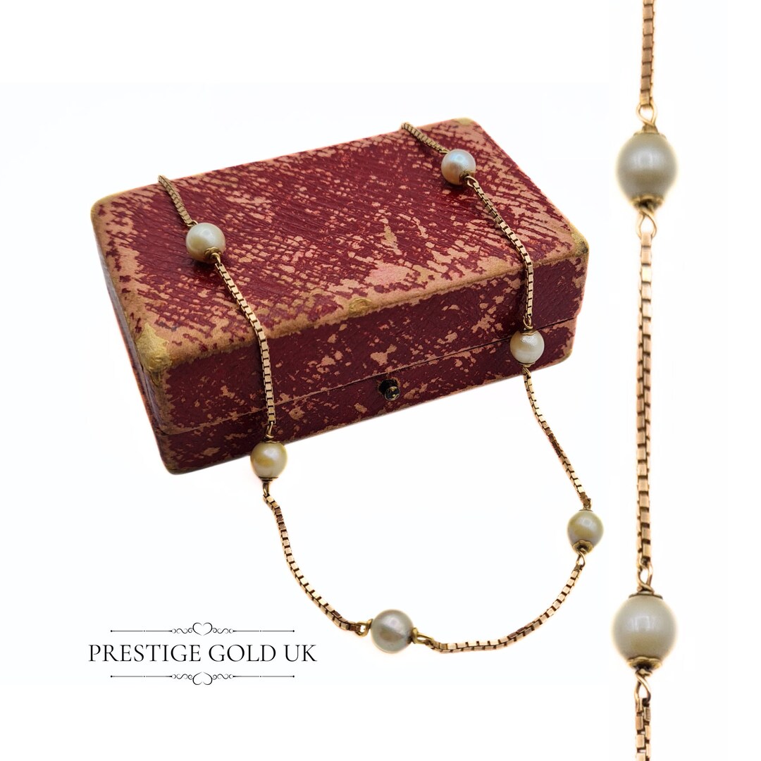 15" Long Rose Gold & Fresh Water Pearl Box Chain Necklace 9ct - 15 1/4 ...