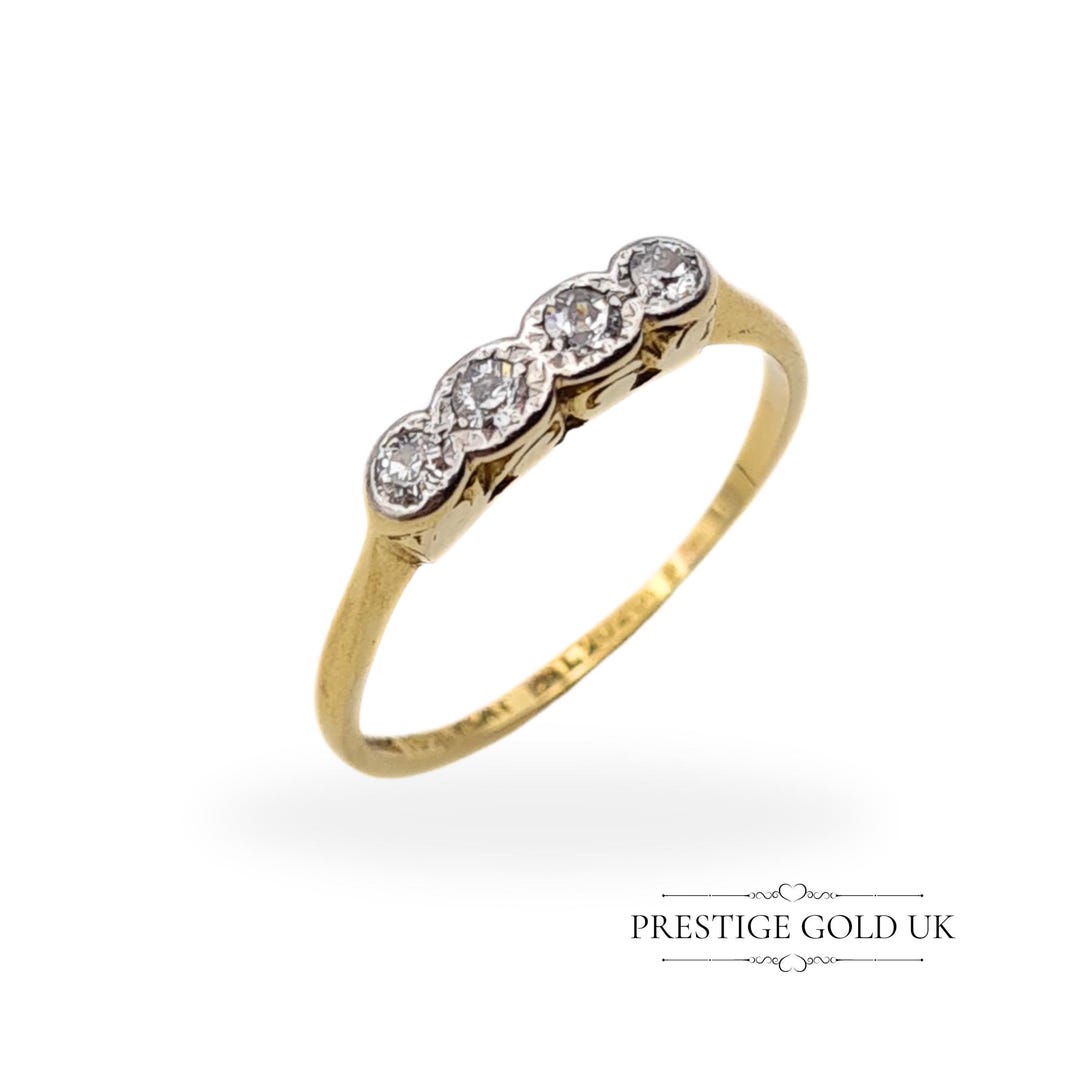 Antique 18ct Gold & Platinum Four Diamond Ring, UK N US 6 3/4 Euro 53.5 ...