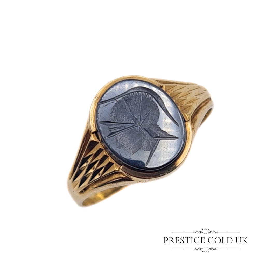 Vintage 9ct Gold Haematite Intaglio Ring, London Hallmarked 1987, Large ...