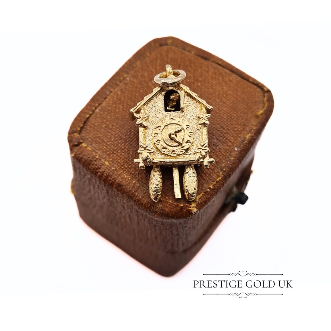 Vintage Gold Cuckoo Clock Charm - 9ct Solid Gold Moving Clock Charm or ...