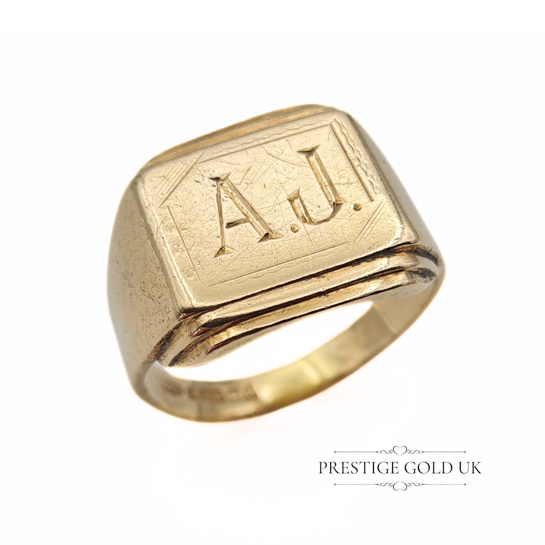 Large Gold Signet Ring 9ct - Gents Engraved Signet With Initials " AJ ...
