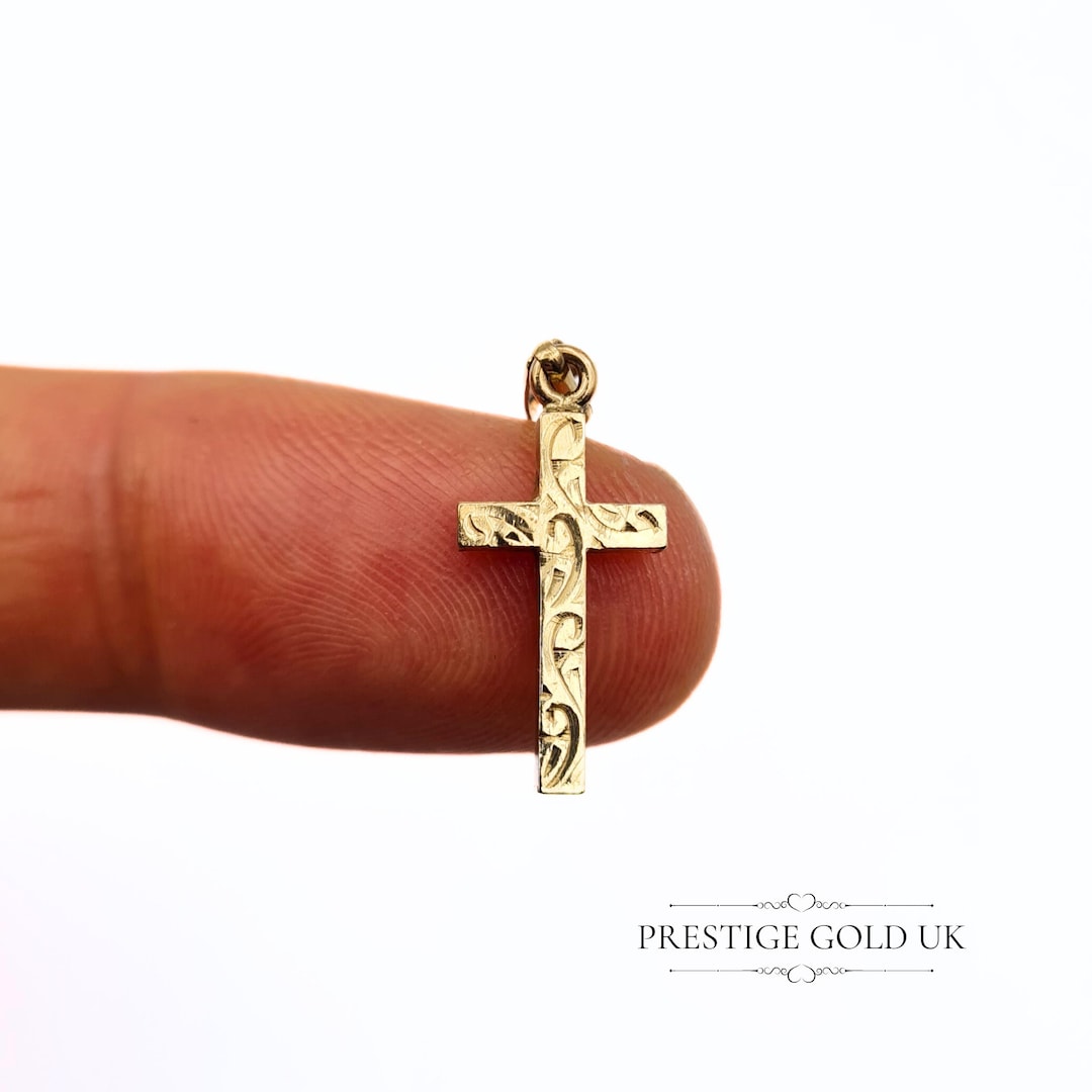 Vintage Small Solid Gold Cross Pendant 9ct Gold Engraved Crucifix Charm ...