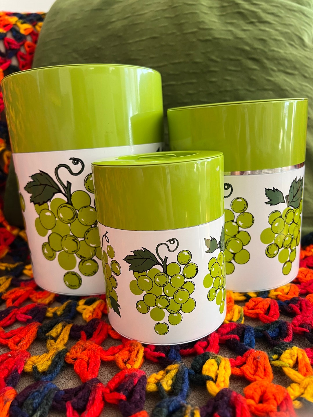 Vintage Retro Canisters Grapes Design With Avocado Green Lids Set of 3 ...