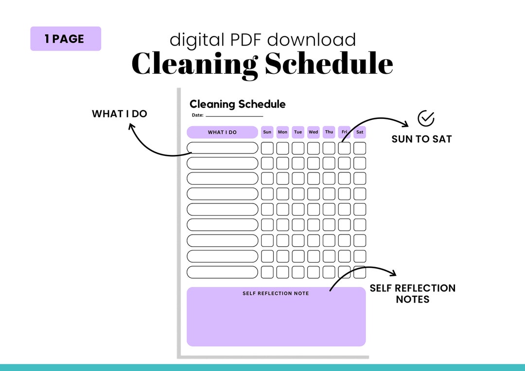 Digital Cleaning Schedule, Checklist, Digital Planner, Sun to Sat, A4 ...