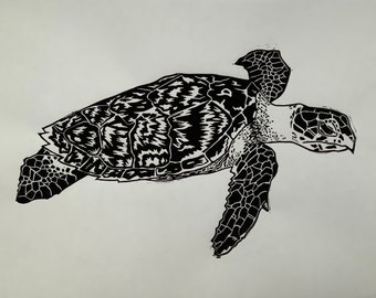 Turtle Lino Print, Original Handmade Art, Eco-friendly Ocean Themed ...