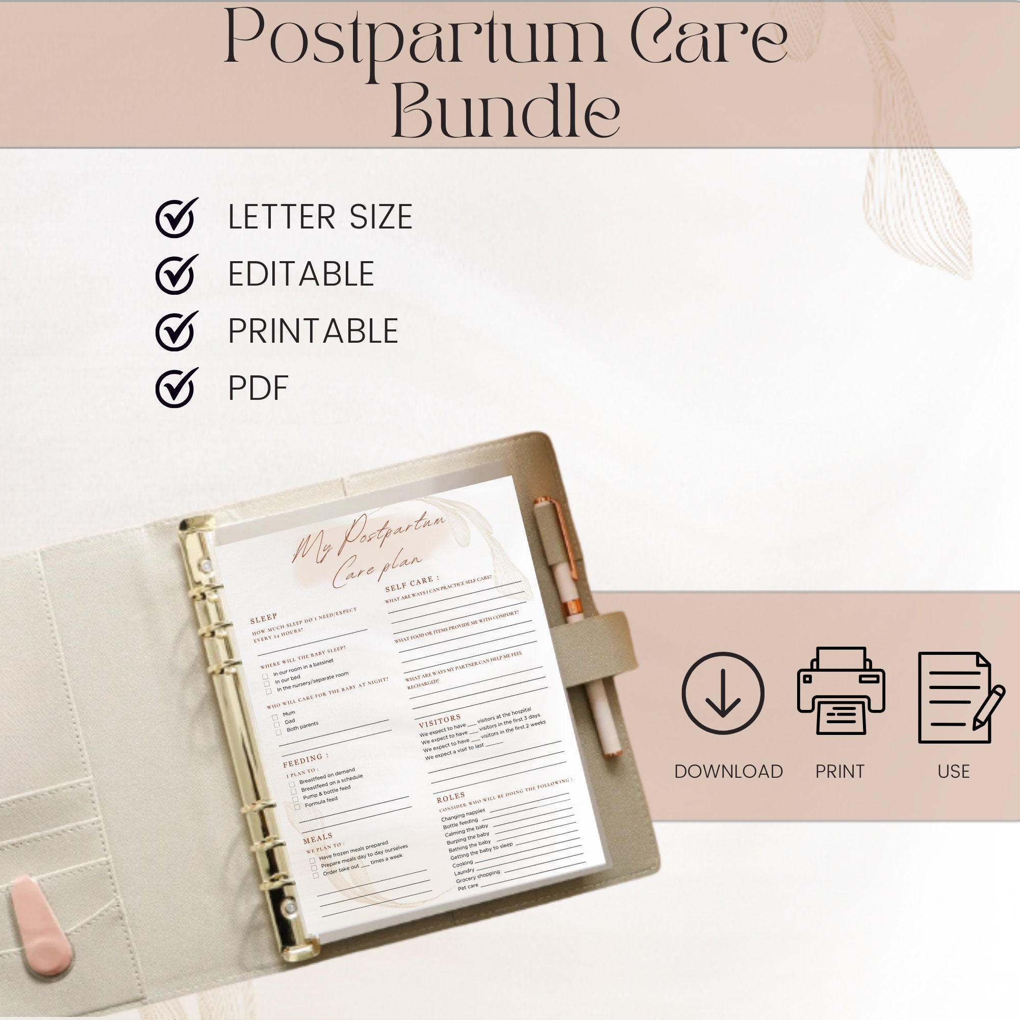 Printable Postpartum Care Plan Bundle Minimal Digital Editable ...