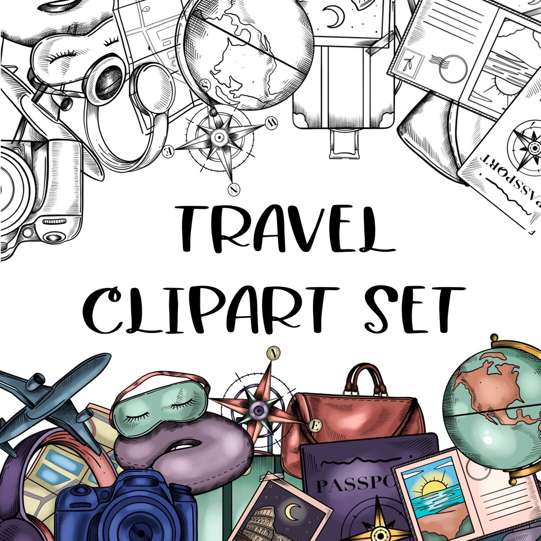 Travel Elements Clipart Set. Digitally Drawn, Line Art and Colored ...