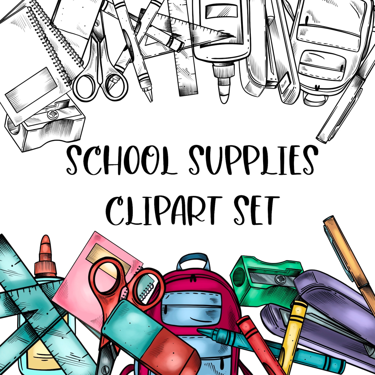 School Supplies Clipart Set: Black and White & Color PNG (digital ...