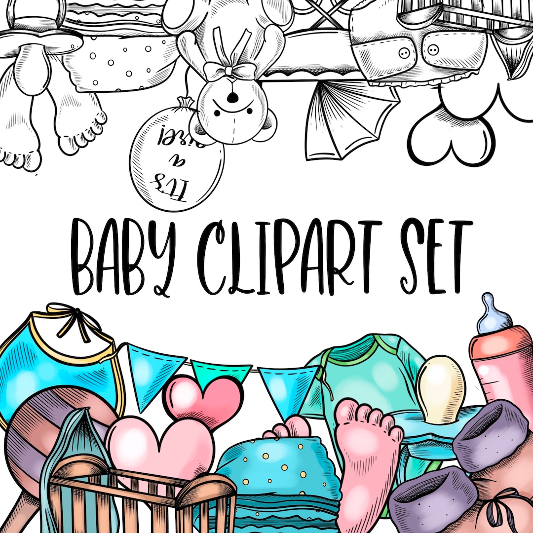 Baby-themed Clip Art Set. Black and White Lineart AND Colored Versions ...