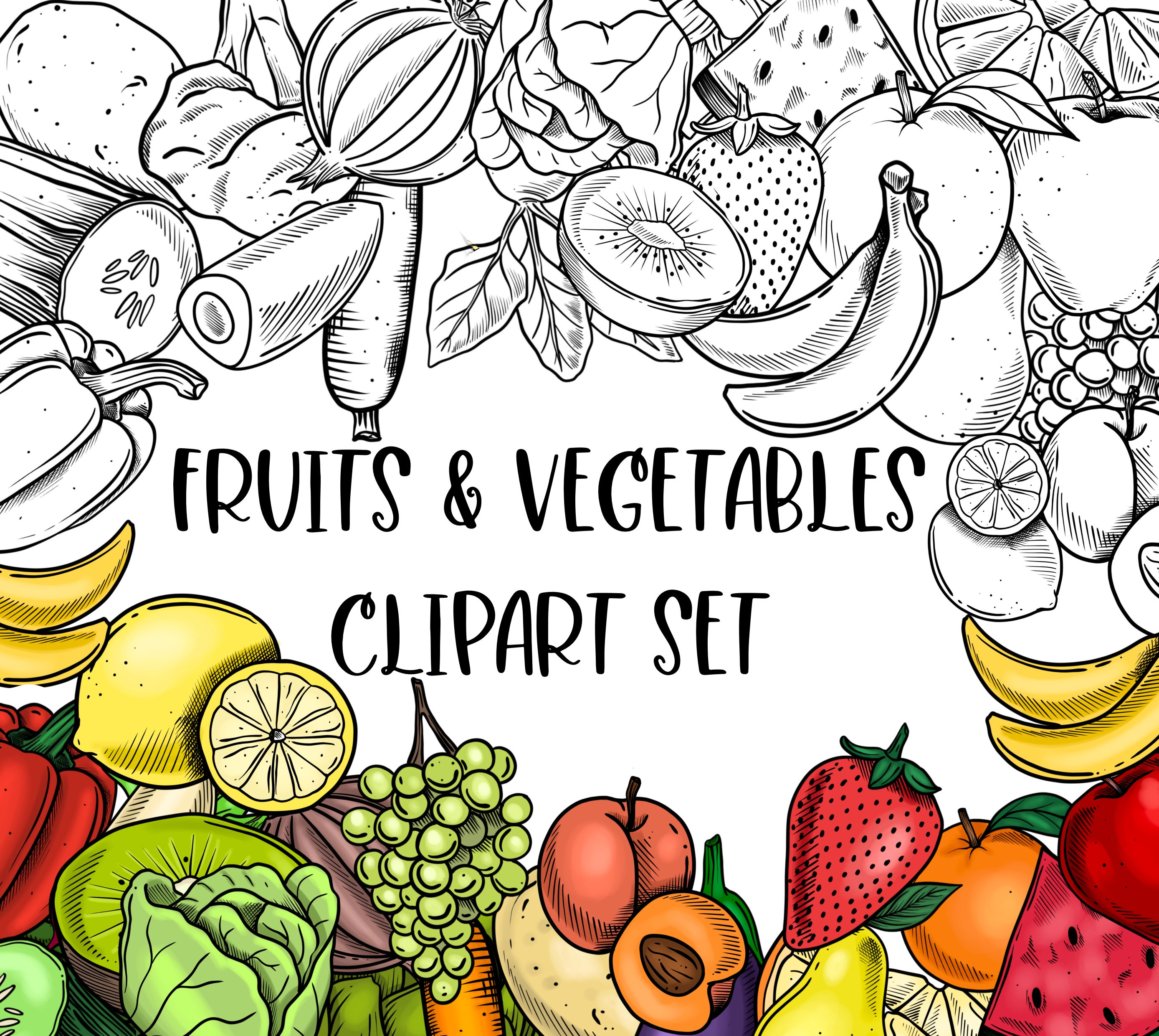 Fruits and Vegetables Clip Art Set. Black and White Lineart AND Colored ...