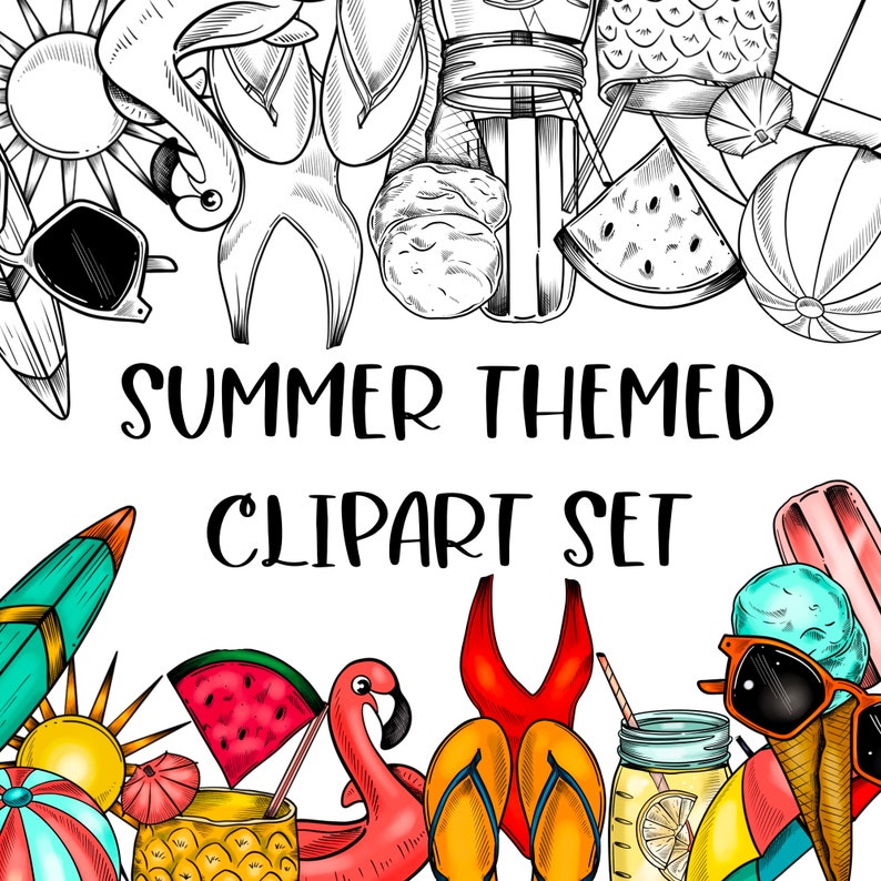 Summer Elements Clipart Set. Digital Download. Colored and Black and ...