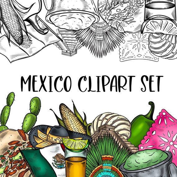 Mexico Clipart Set black and White Lineart and Color - Etsy