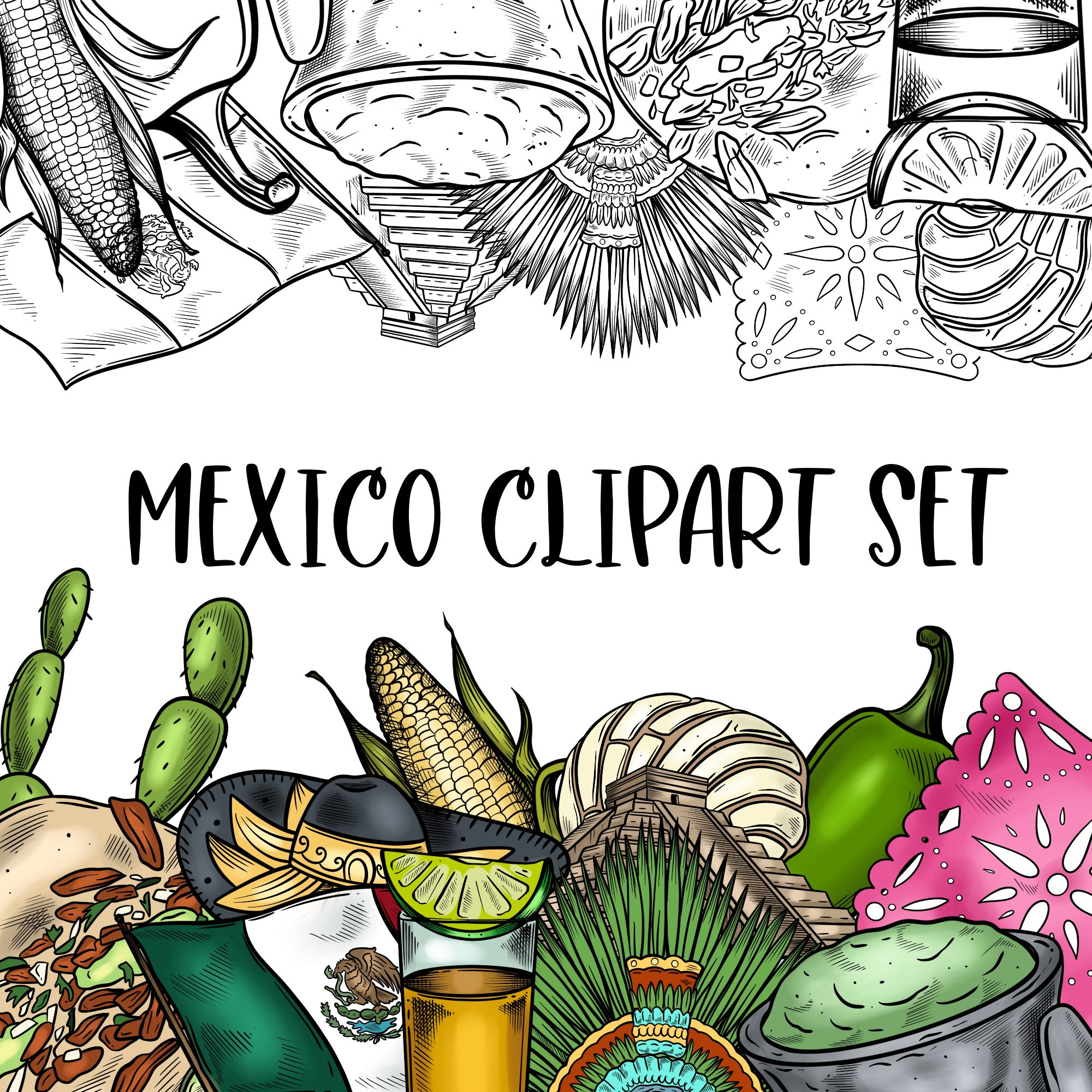 Mexico Clipart Set versiones en blanco y negro lineal y color 12 ...