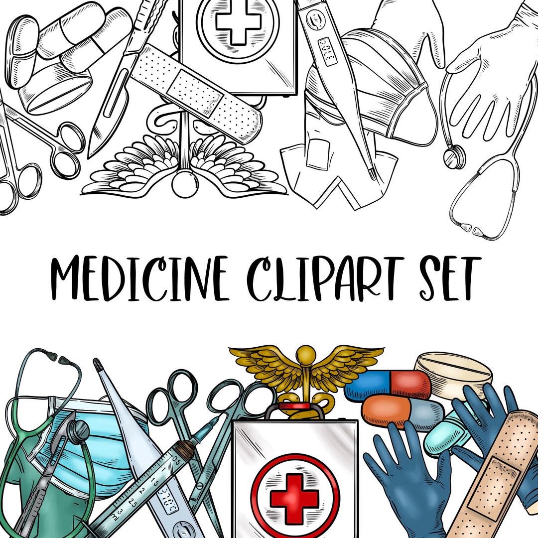 Medicine-themed Clip Art Set. Black and White Lineart AND Colored ...