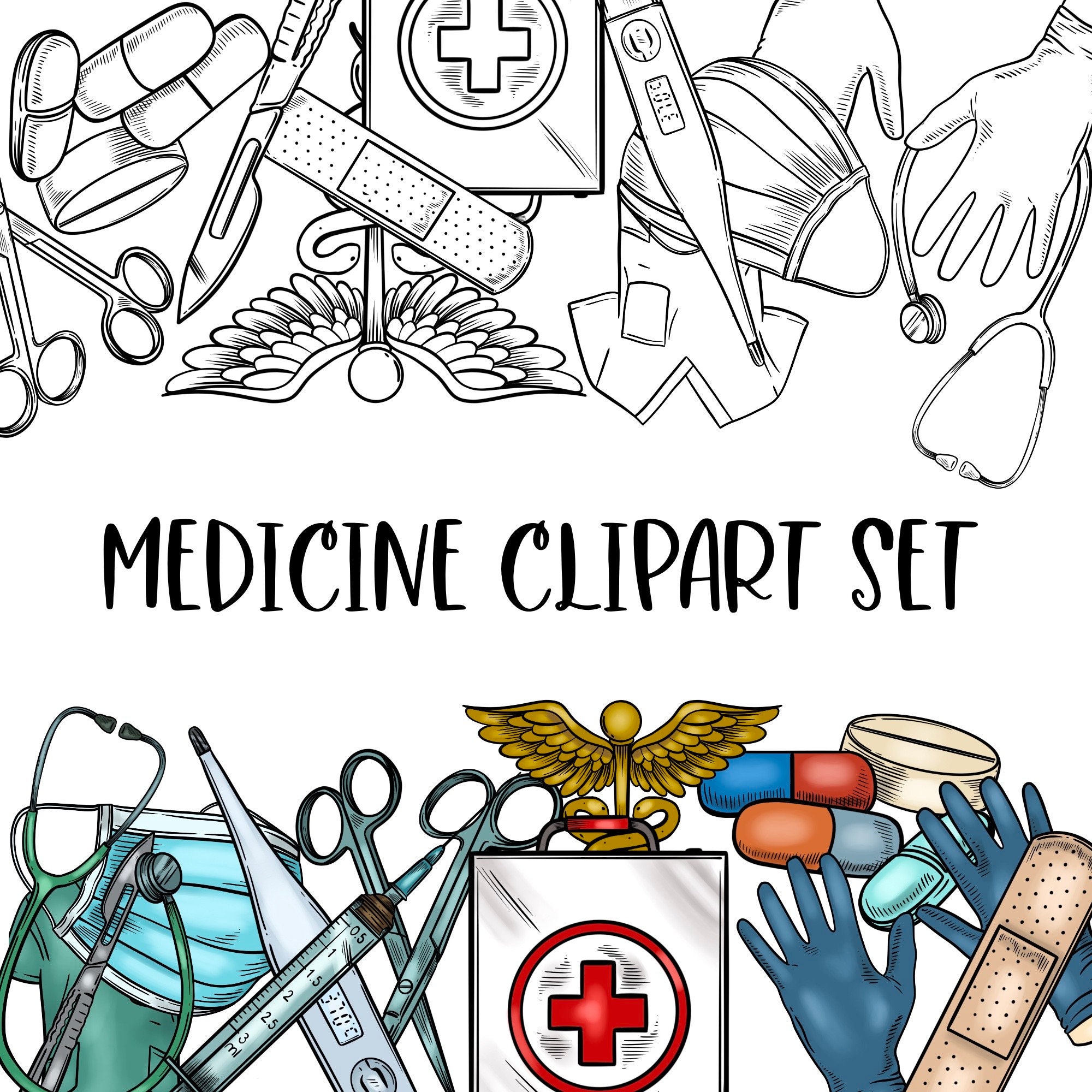Medicine-themed Clip Art Set. Black and White Lineart AND Colored ...