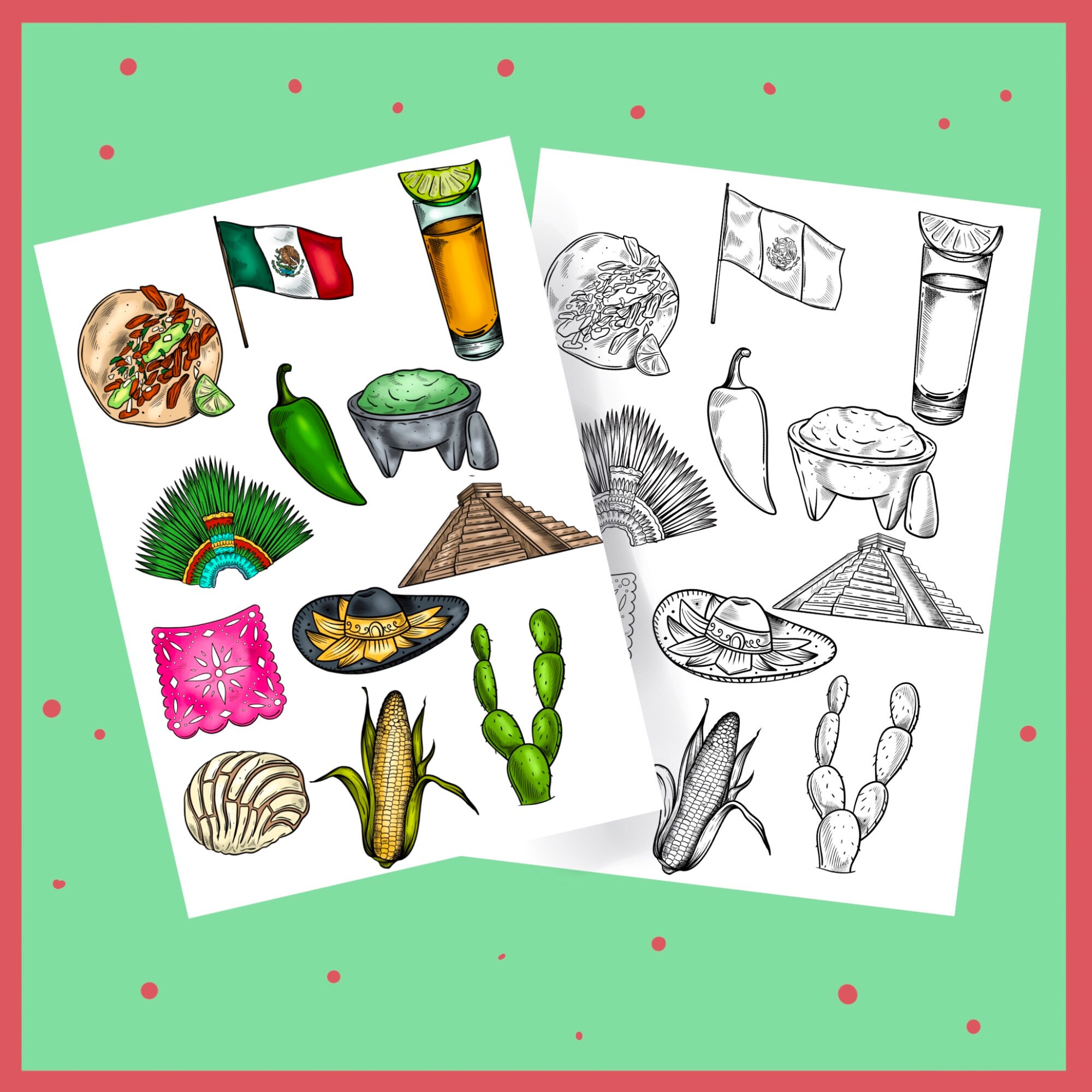 Mexico Clipart Set (black and White Lineart and Color Versions) 12 ...