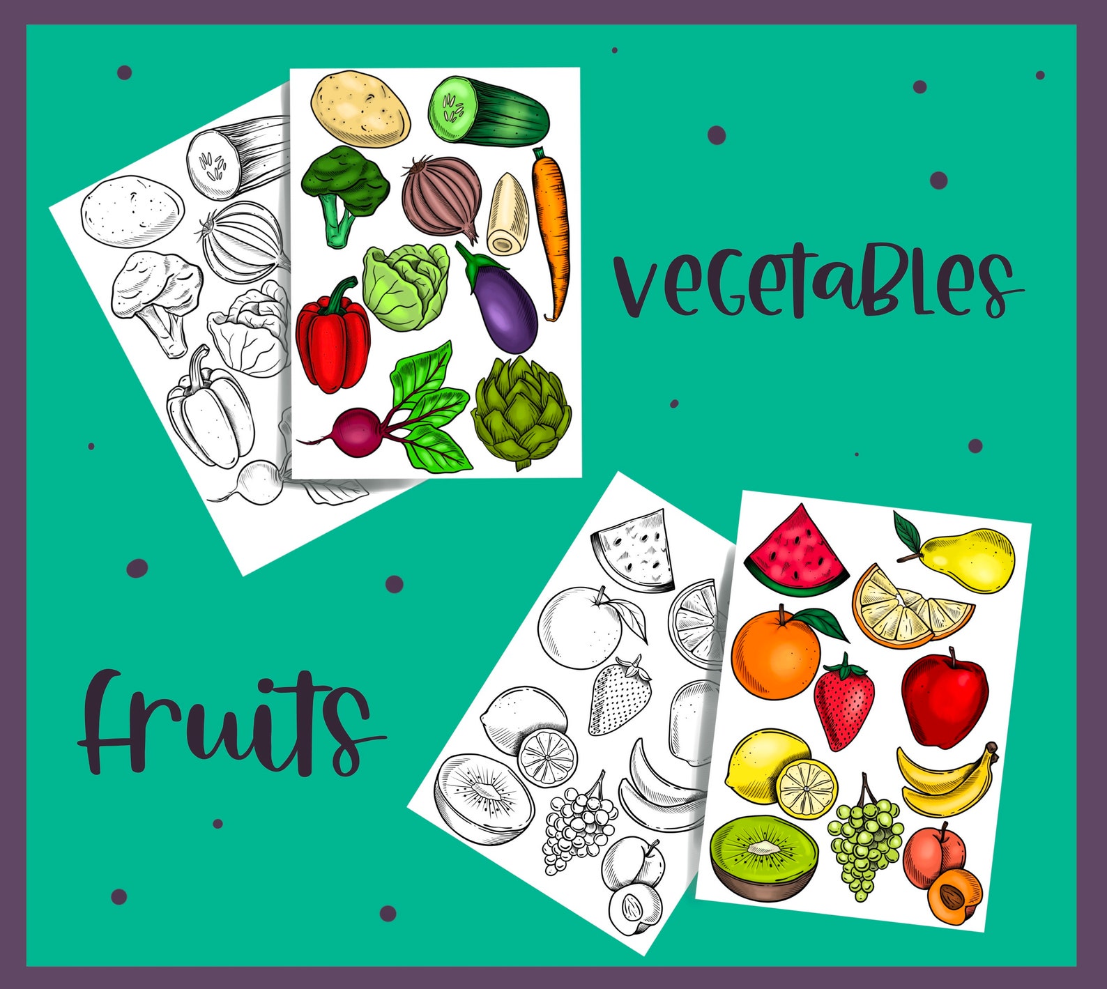 Fruits and Vegetables Clip Art Set. Black and White Lineart AND Colored ...