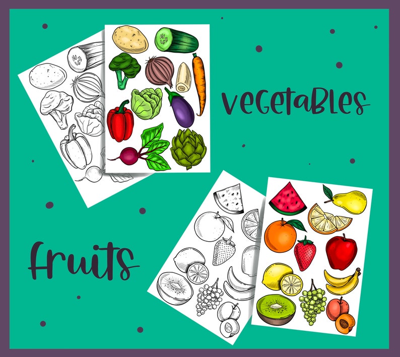 Fruits and Vegetables Clip Art Set. Black and White Lineart AND Colored ...