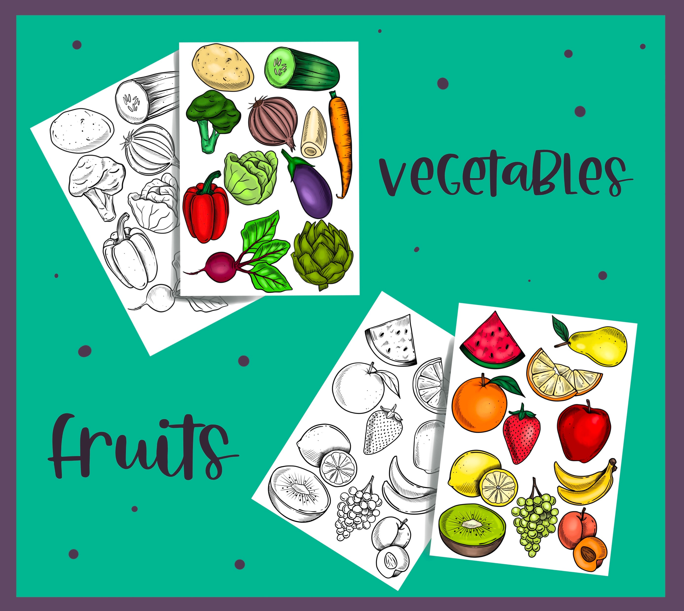 Fruits and Vegetables Clip Art Set. Black and White Lineart AND Colored ...