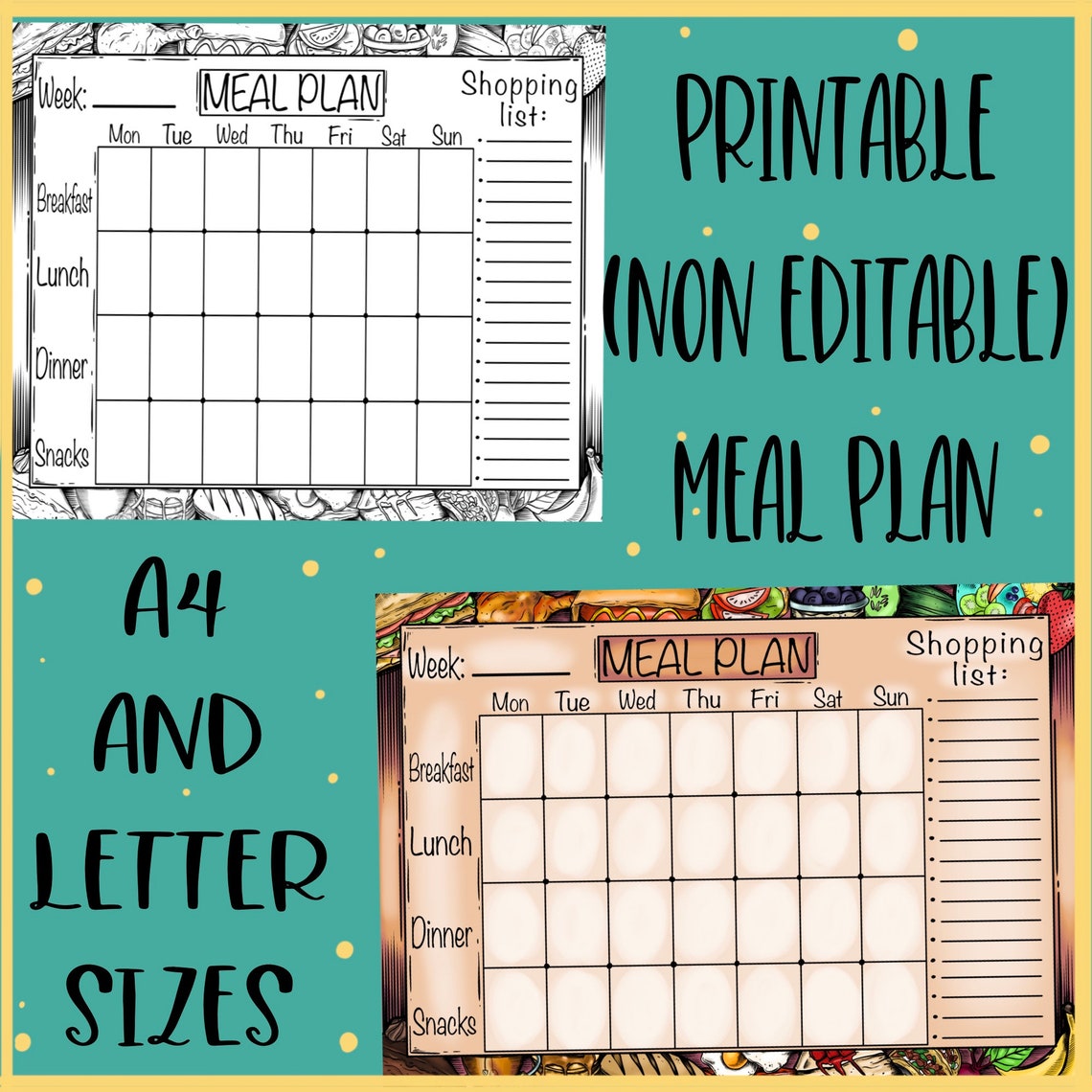 Printable Meal Plan Sheet. Black and White and Colored Versions, A4 and ...