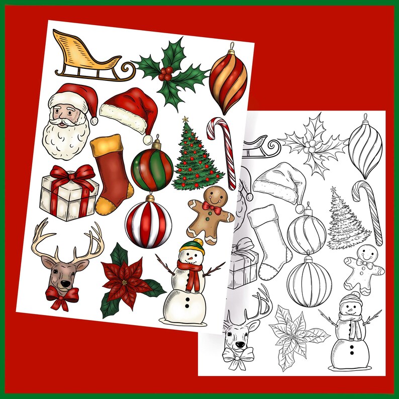 Christmas Clipart Set. Black and White Line Art With Transparent ...
