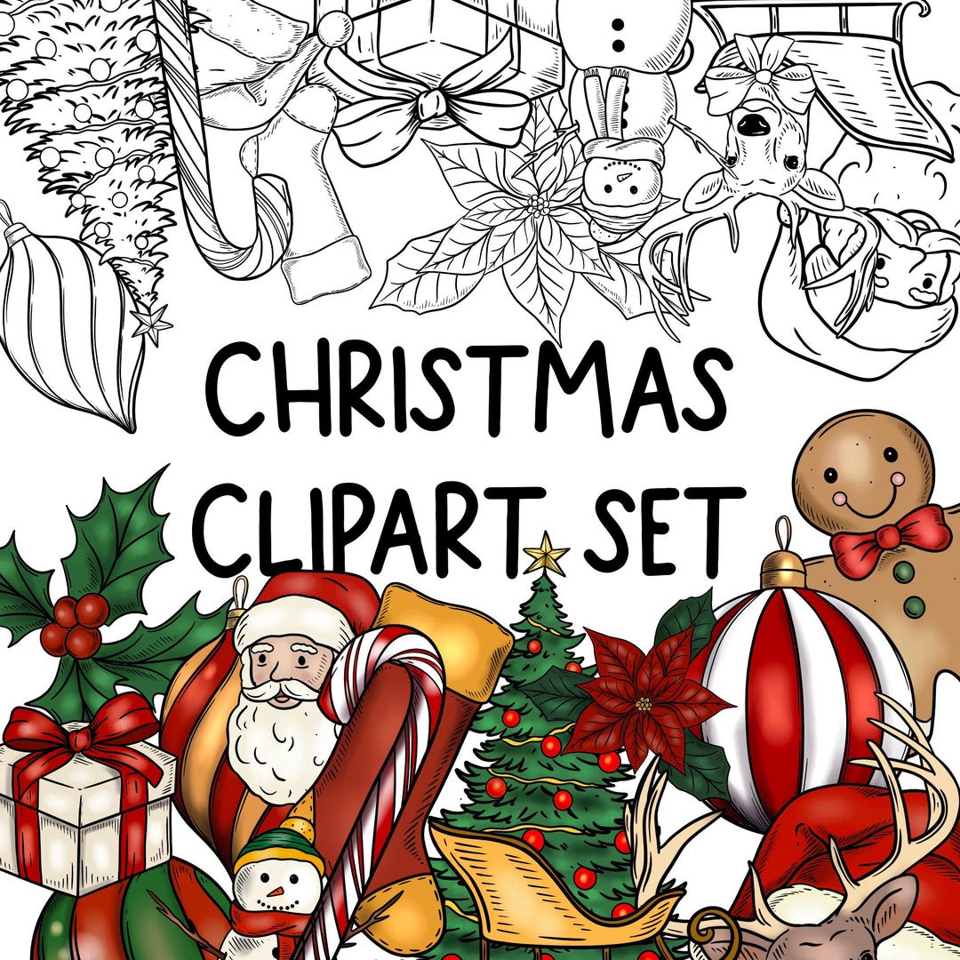 Christmas Clipart Set. Black and White Line Art With Transparent ...