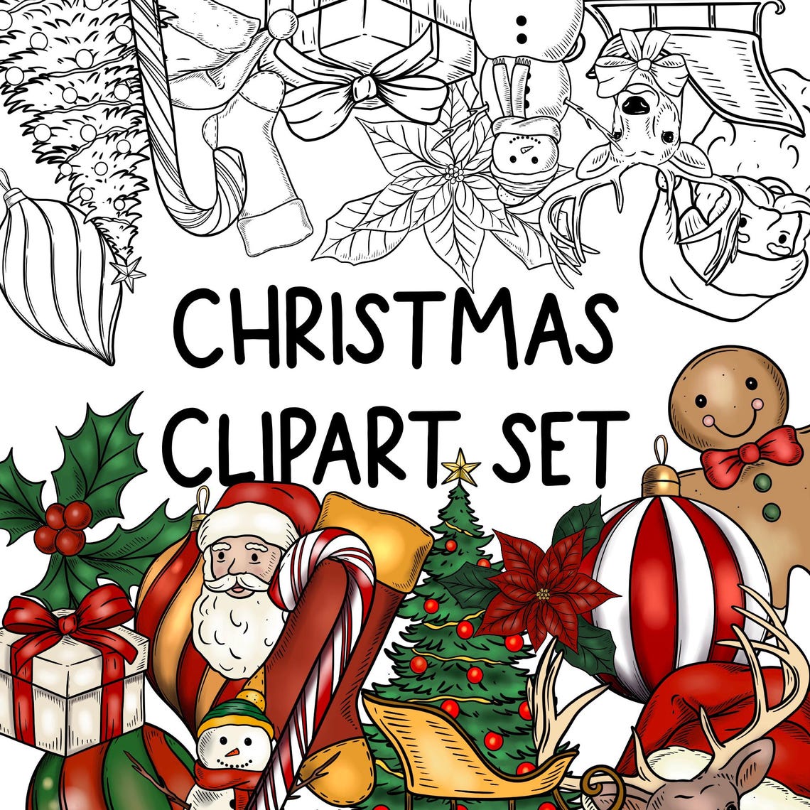 Christmas Clipart Set. Black and White Line Art With Transparent ...