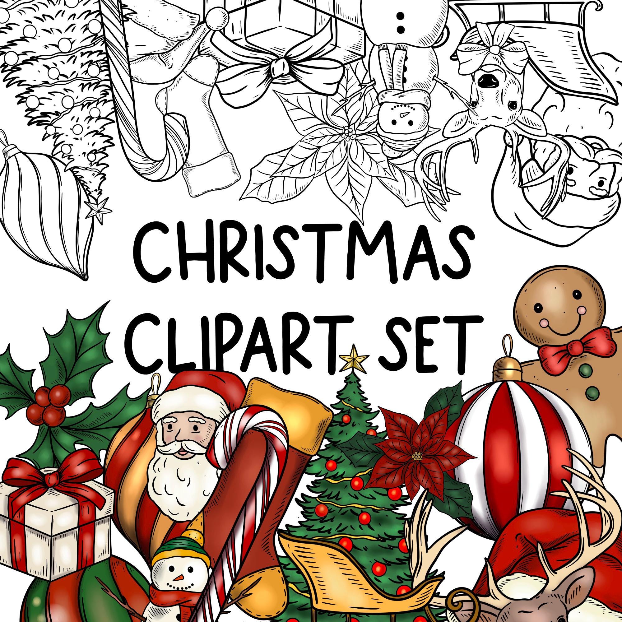 Christmas Clipart Set | Black and White Line Art (digital Download) - Etsy