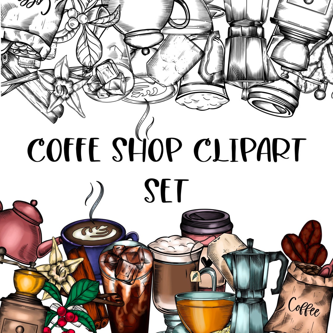 Coffee Shop Elements Clipart. Digital Download. Colored and Black and ...