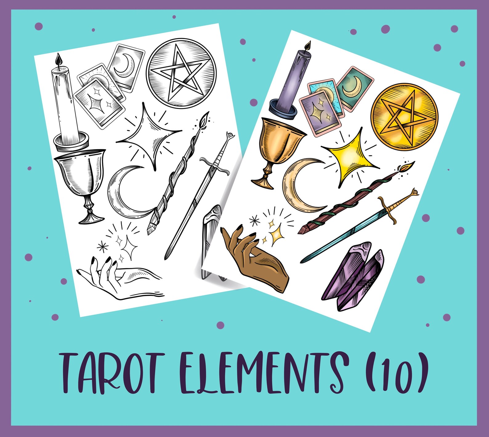 Tarot Elements Clipart. 10 Elements in Black and White and Colored ...