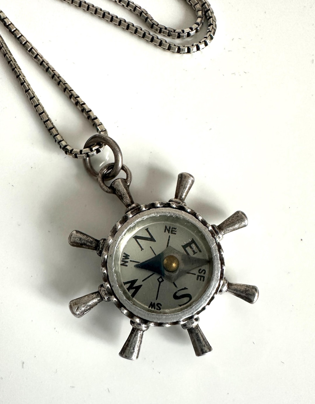 Antique Vintage Sterling Silver Ship Wheel Compass Pendant Chain ...