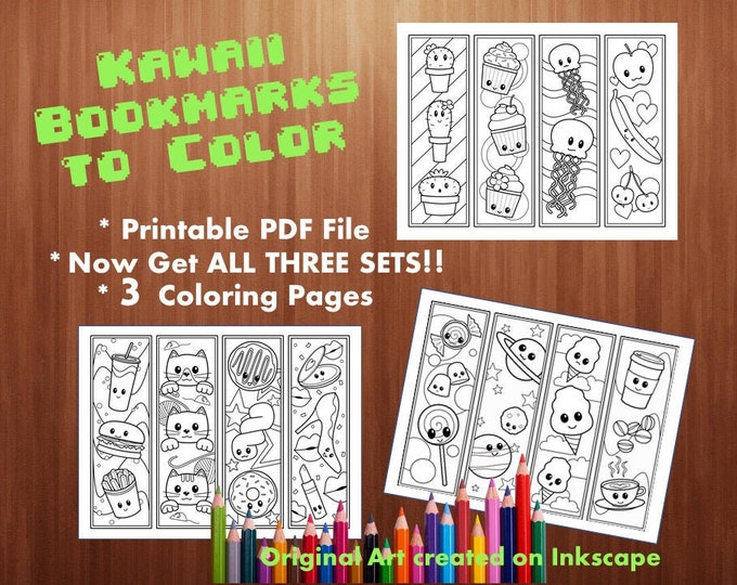 SET OF 3: Kawaii Bookmarks to Color - Etsy