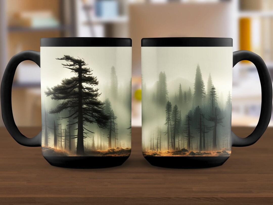 Foggy Pine Forest 15oz Mug, Pine Forest Mug, Ceramic Landscape Mug ...