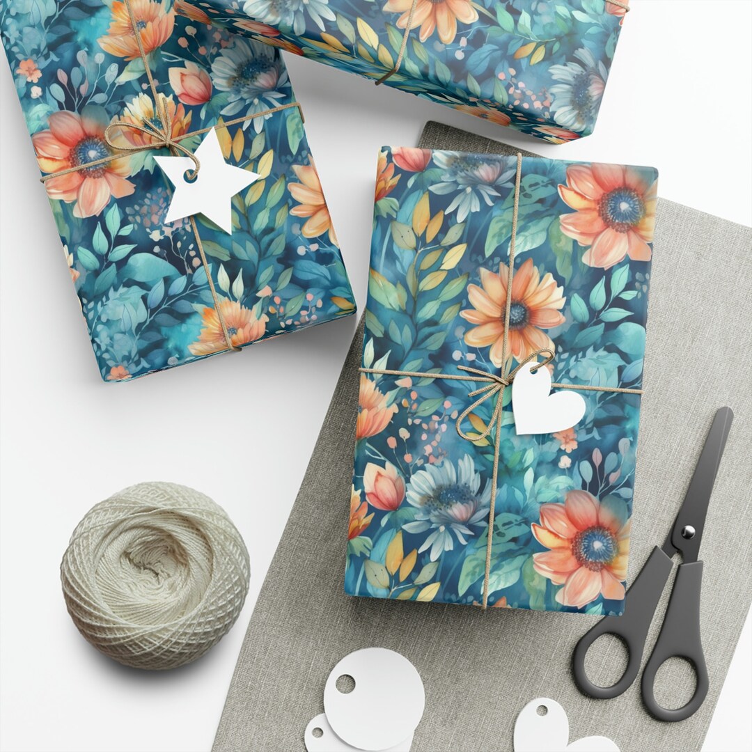 Blue Watercolor Flower Gift Wrap Paper - Etsy