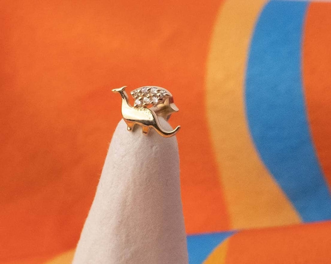 14K Solid Gold Dinosaur Piercing: Zirconia Stud Earring - Etsy