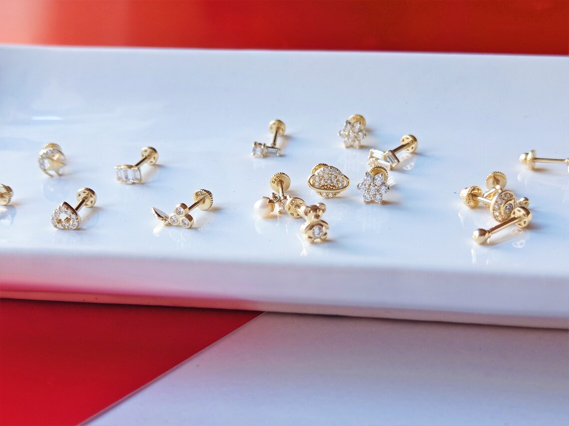 14k Yellow Gold Animal Piercings Gold Screw Back Piercings - Etsy